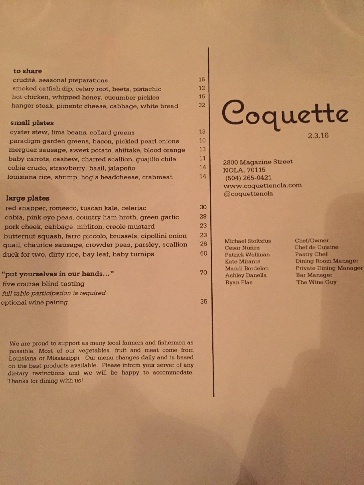 Menu at Coquette restaurant, New Orleans