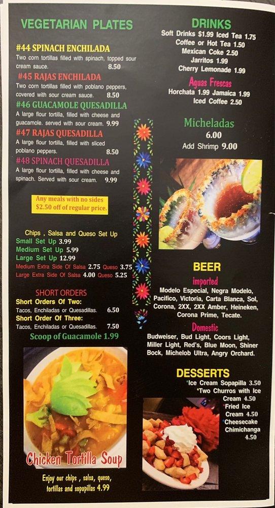 Menu at Luna Mexicana Restaurant, Woodward