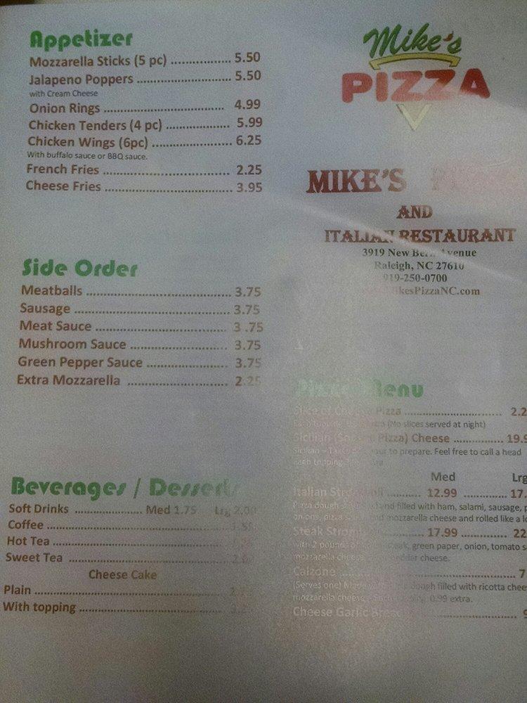 Menu at Mike's Pizza pizzeria, Raleigh