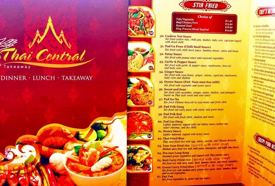 Menu at Thai Central in oak flats restaurant, Oak Flats