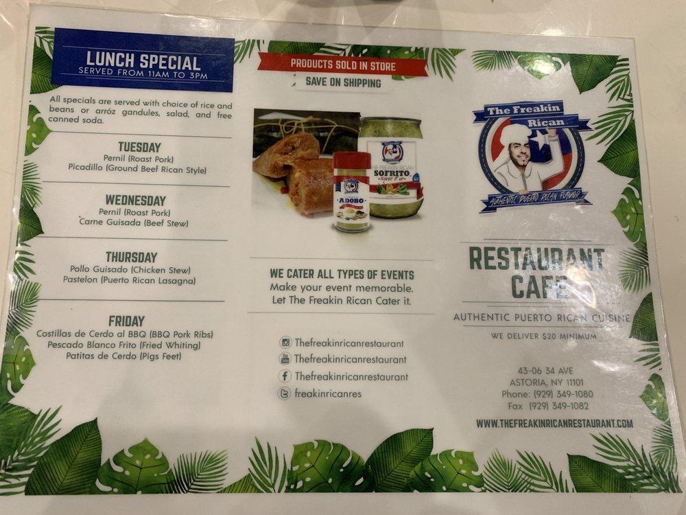 Menu at The Freakin Rican restaurant, New York City
