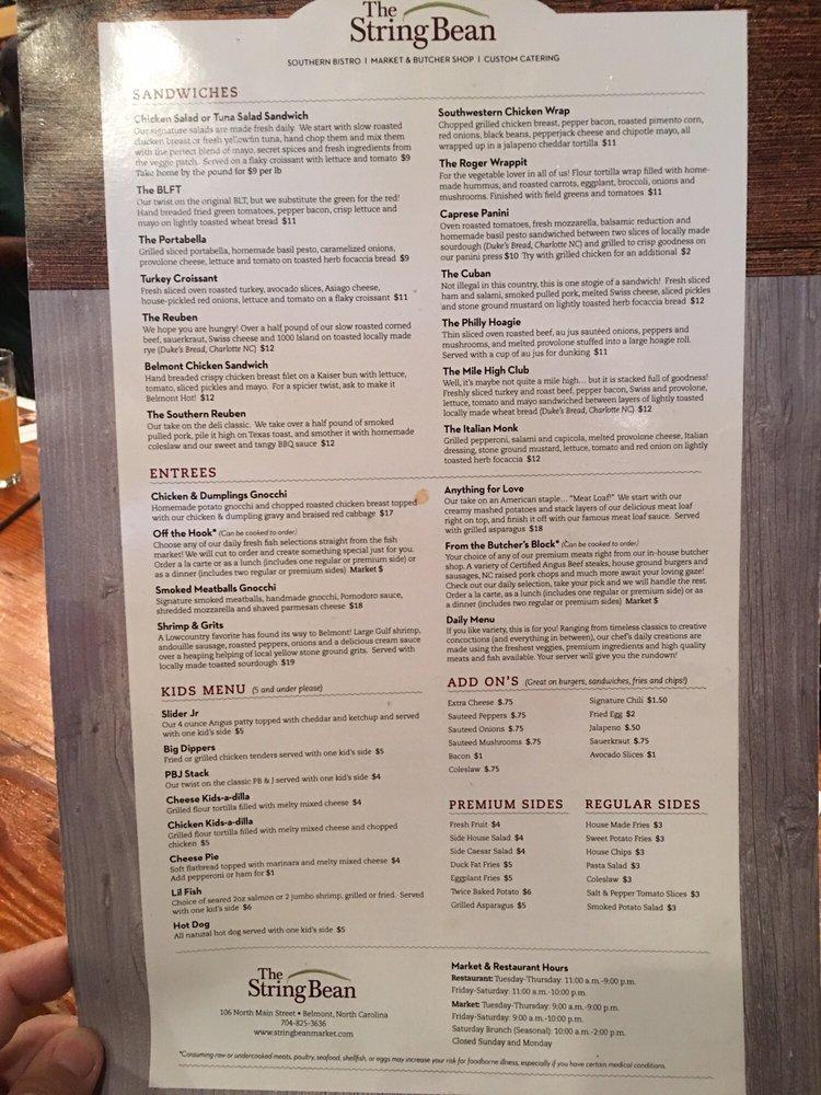 Menu at The String Bean restaurant, Belmont