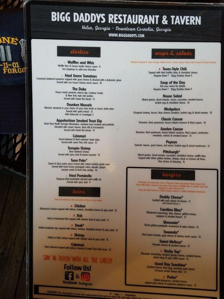 Menu at Bigg Daddys Restaurant & Tavern, Helen