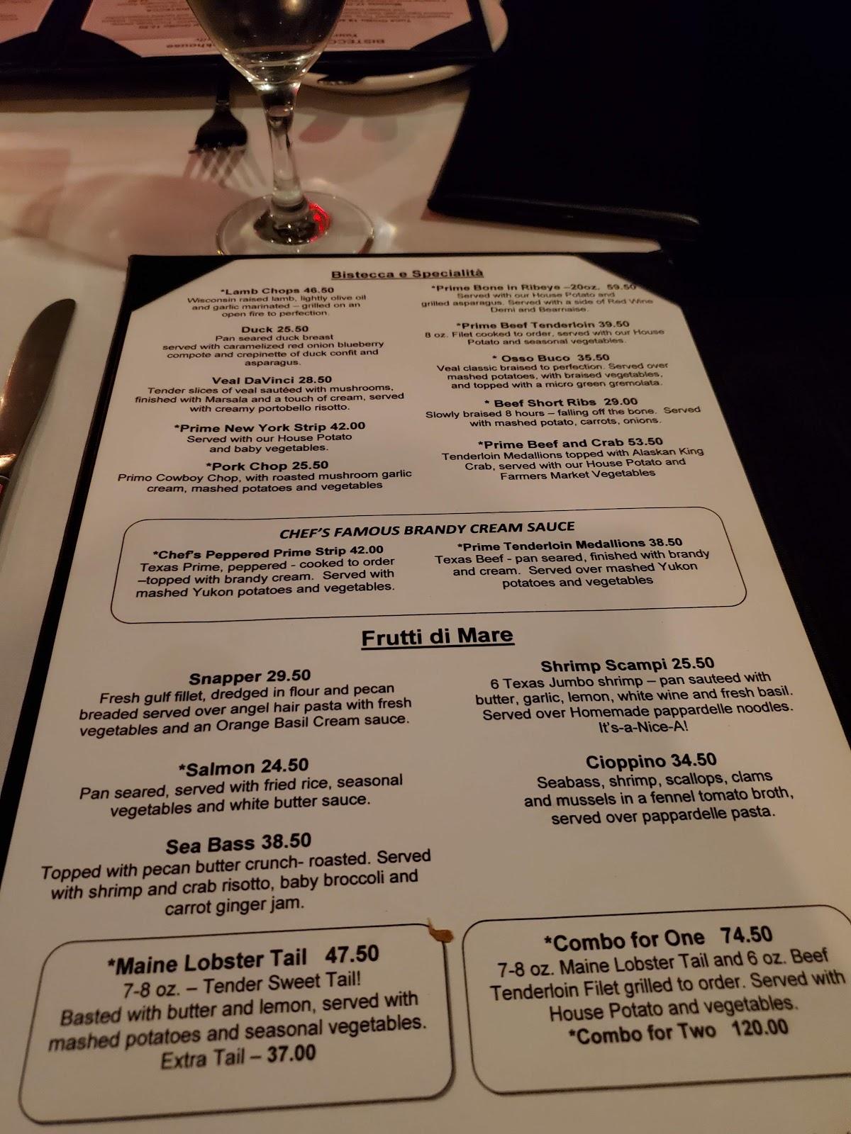 Menu at Bistecca - An Italian Steakhouse, Highland Village