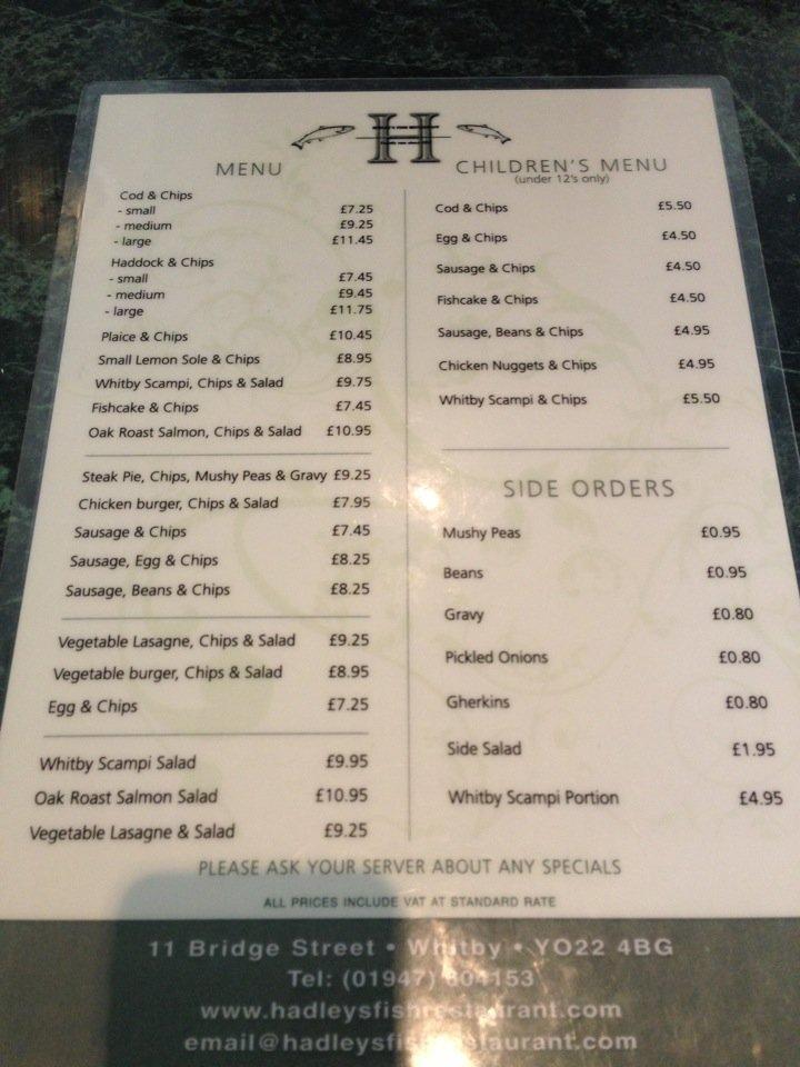 Menu at Hadley's Fish & Chips restaurant, Whitby