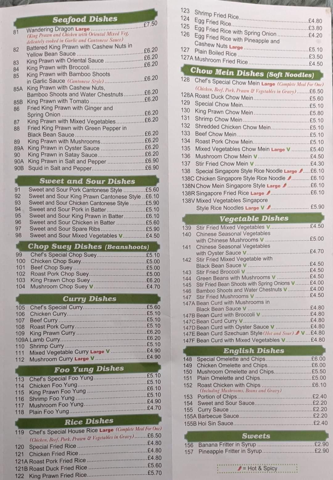 Menu at Hong Kong Chef fast food, Colchester