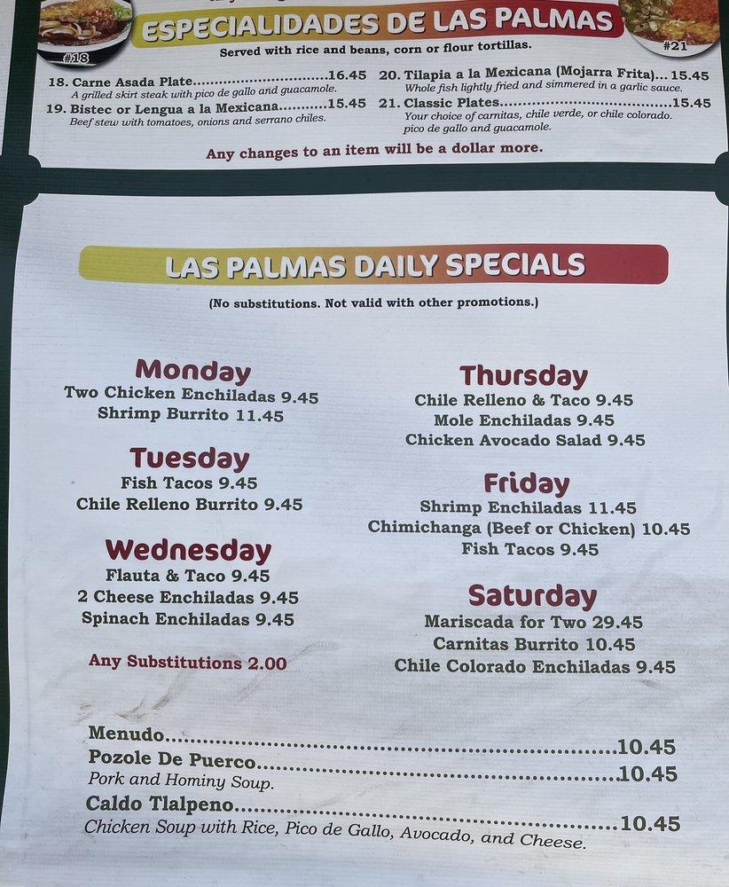 Menu at Las Palmas Mexican Cuisine restaurant, Yucca Valley