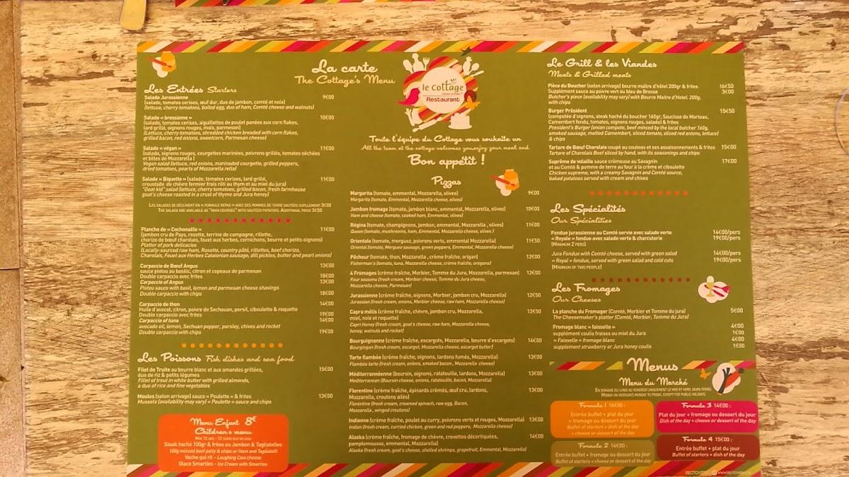 Menu at Le Cottage restaurant, Fontenu