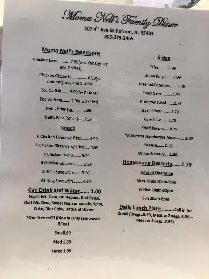 Menu at MOMA Nell's Family DINER, Reform