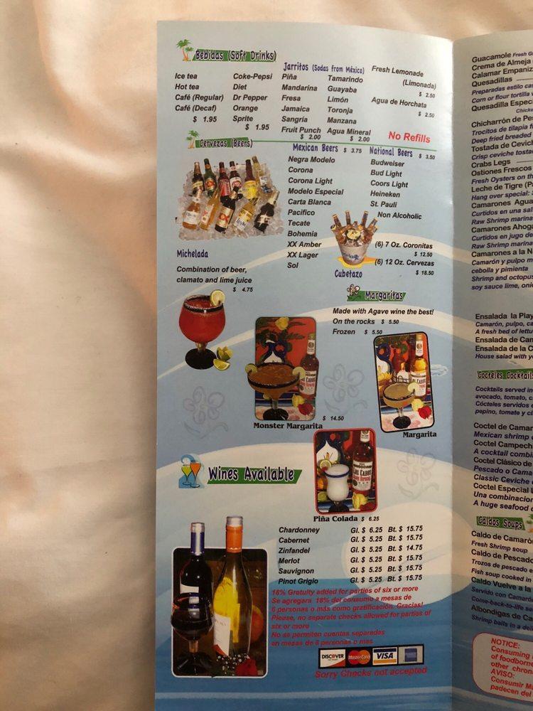 Menu at Mariscos La Playa restaurant, Santa Fe