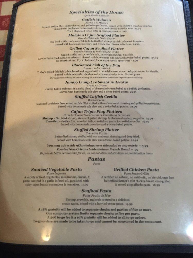 Menu at Mulate's | The Original Cajun Restaurant, New Orleans