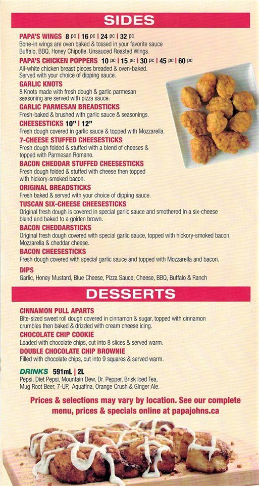 Menu at Papa John's Pizza pizzeria, Vernon, 25 Ave