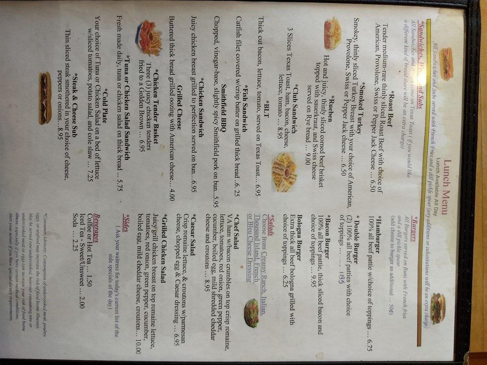 Menu at Patsy's restaurant, Providence Forge