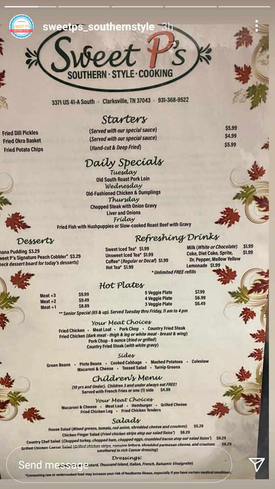 Menu at Sweet P's Southern Style restaurant, Clarksville
