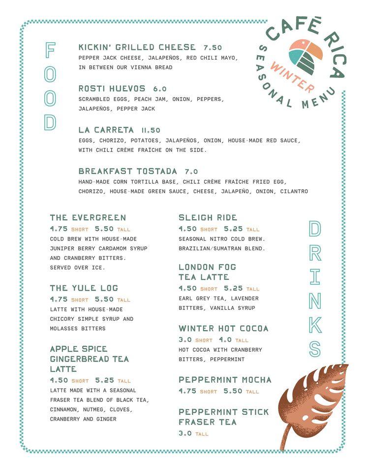 Menu at Café Rica USA cafe, Battle Creek