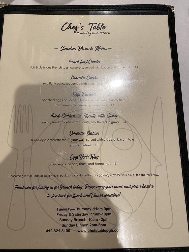 Menu at Chef’s Table pizzeria, Pittsburgh