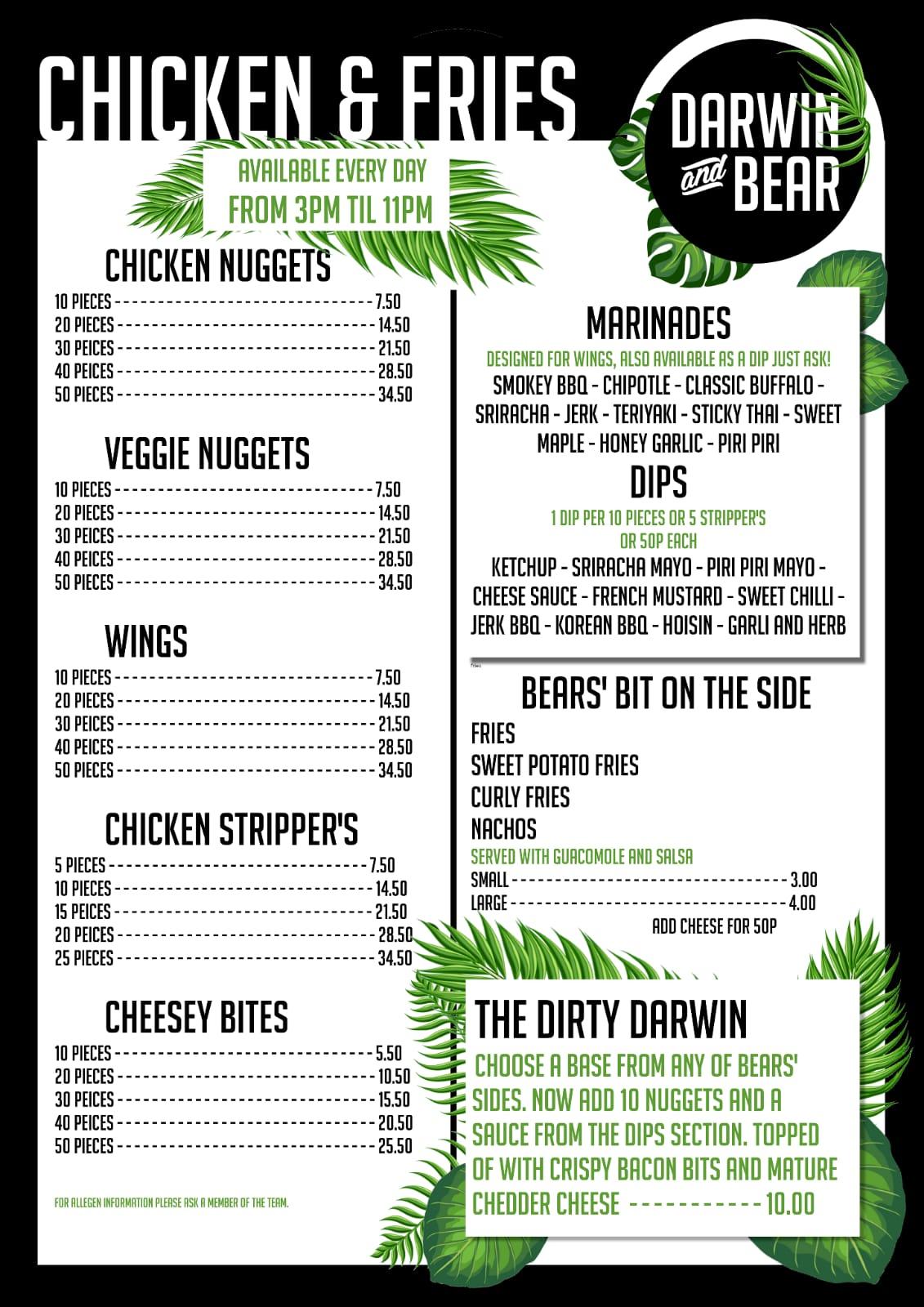 Menu at Darwin and Bear pub & bar, Chesterfield