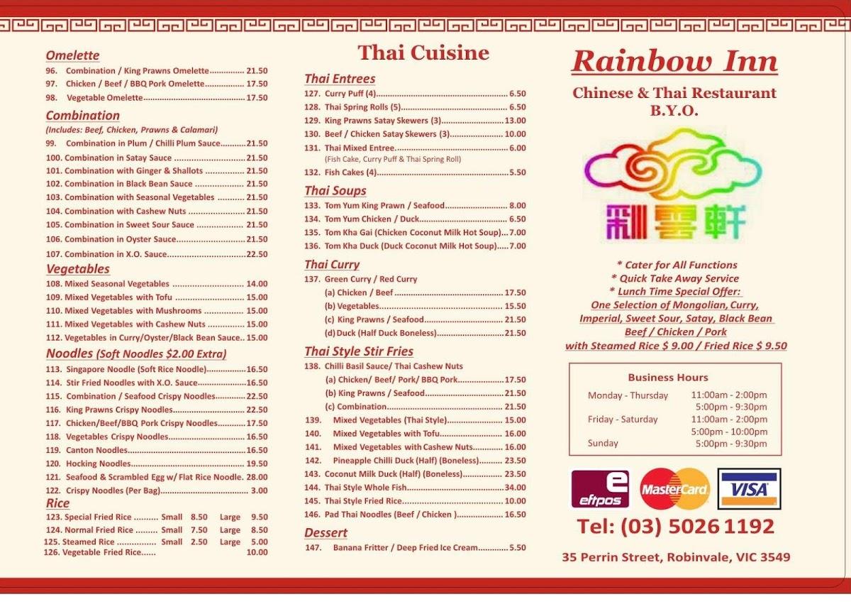 Menu at Rainbow Inn Chinese & Thai Restaurant, Robinvale