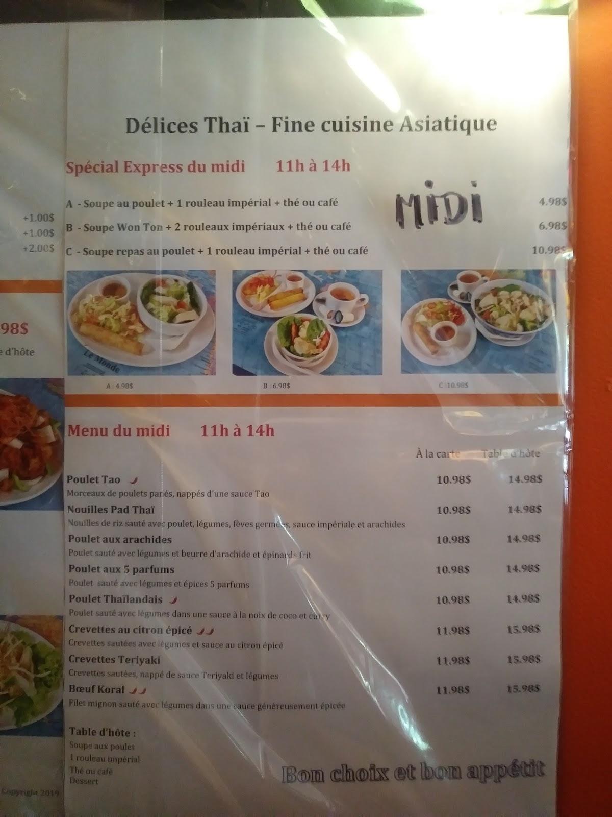 Menu au Restaurant Délices Thaï, Québec