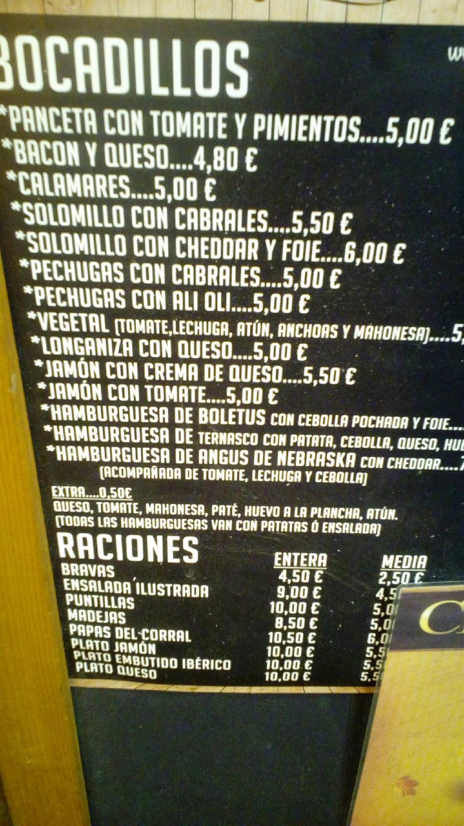 Carta de Restaurante El Tablon, Zaragoza, Calle San Vicente De Paúl