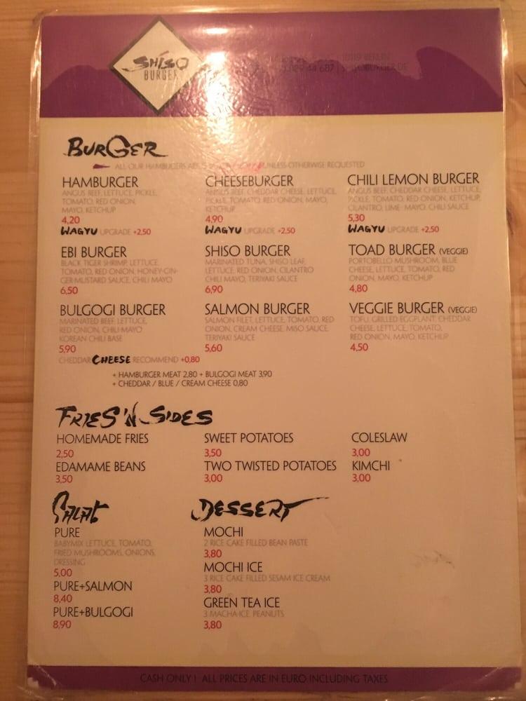 Menu at Shiso Burger restaurant, Berlin, Auguststraße 29C