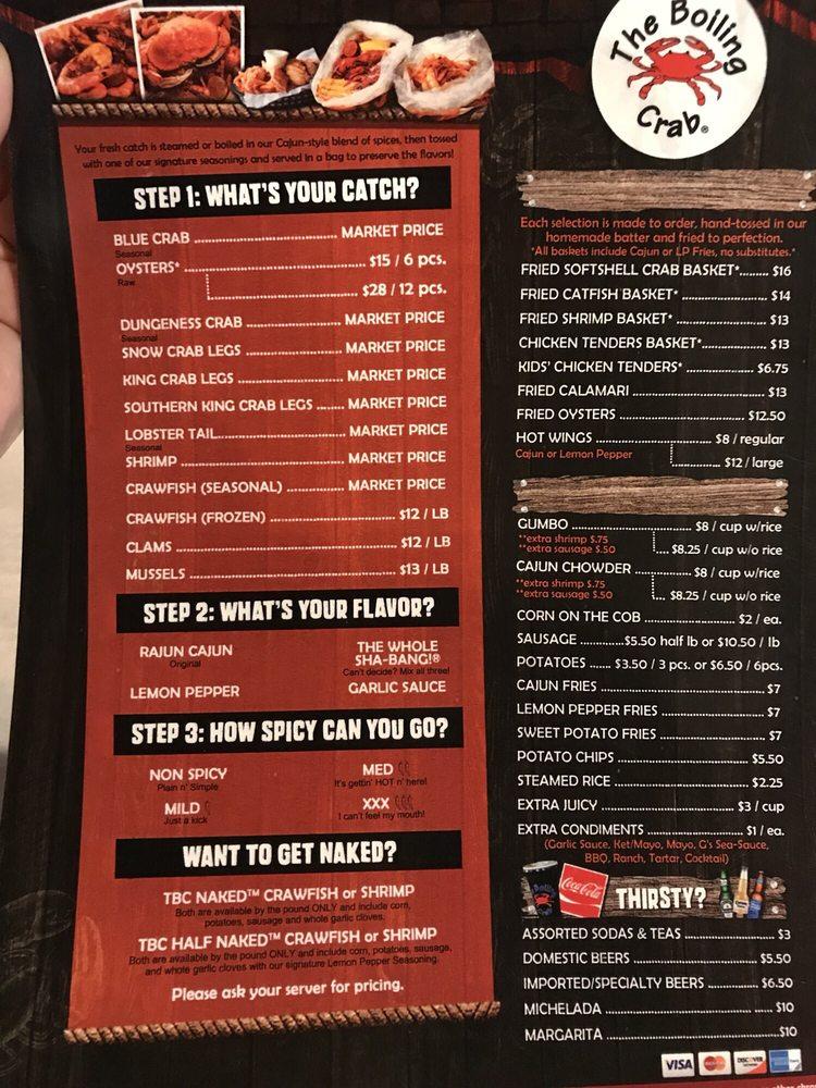 Menu at The Boiling Crab restaurant, Honolulu