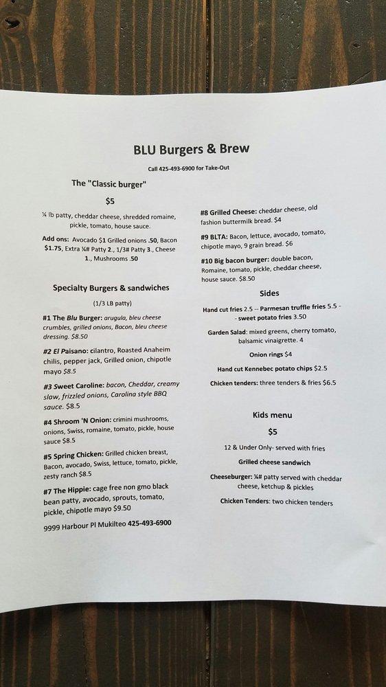 Menu at Blu Burgers pub & bar, Mukilteo