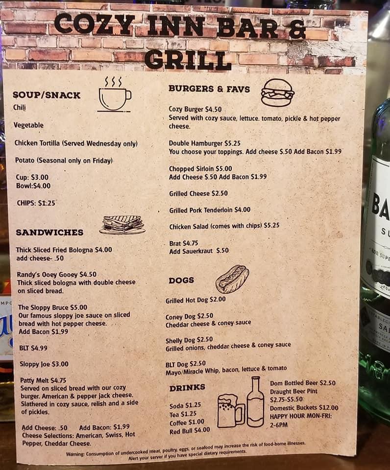 Menu at Cozy Inn Bar & Grill, Chillicothe