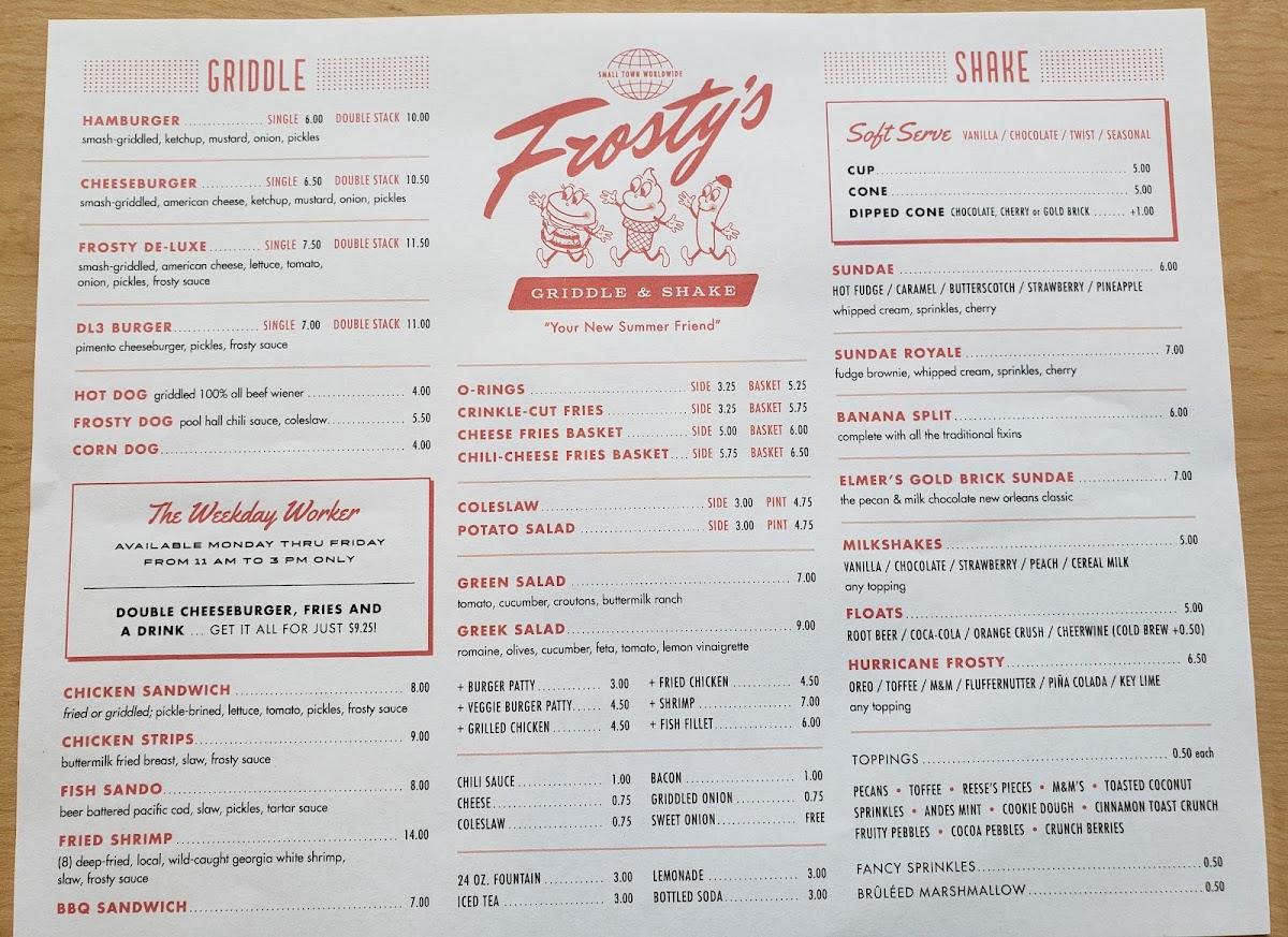 Menu at Frosty’s Griddle and Shake restaurant, Saint Simons Island