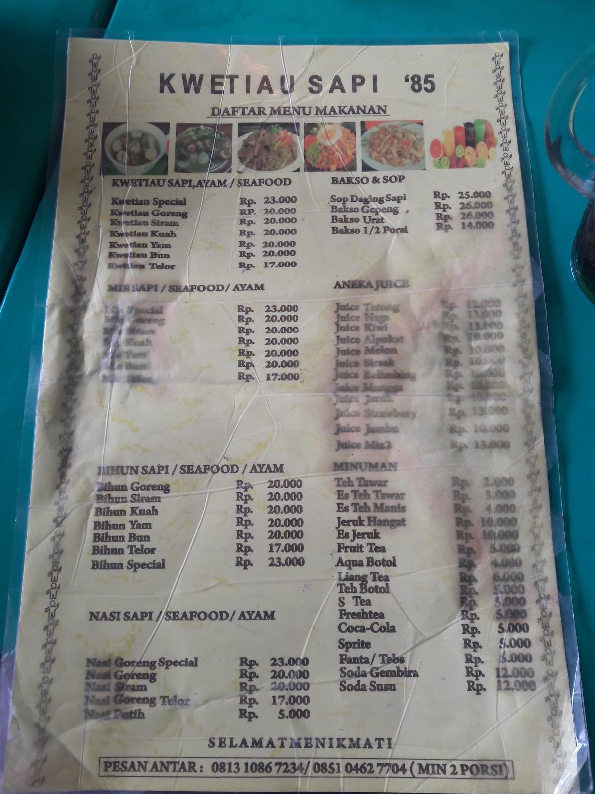 Menu at Kwetiaw Sapi 85 restaurant, Tangerang