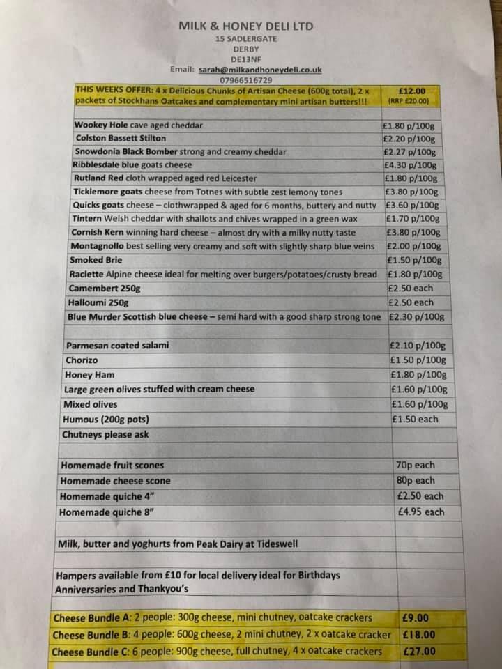 Menu at Milk & Honey Deli cafe, Derby