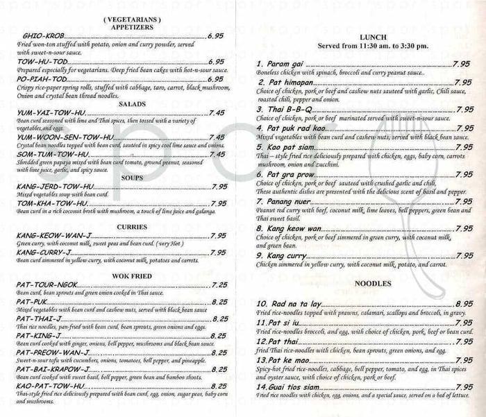 Menu at Plearn Thai Palace restaurant, Walnut Creek