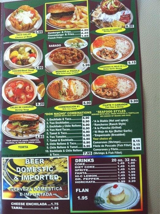 Menu at Tacos Don Nacho restaurant, Oklahoma City