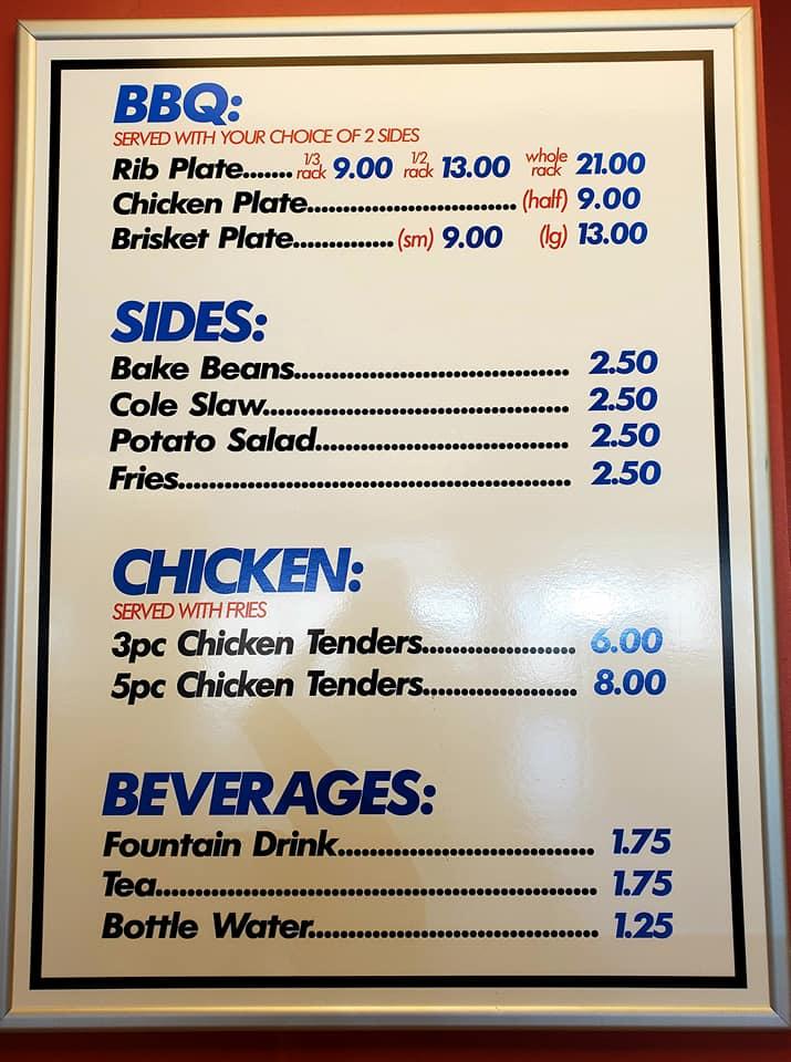 Menu at Bogie's BBQ, Columbia