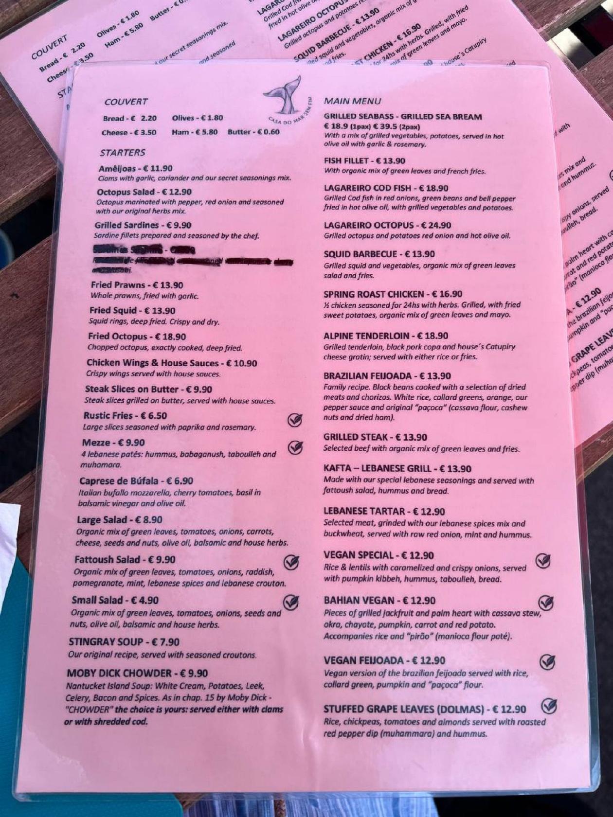 Menu at Casa do Mar sem Fim restaurant, Azóia