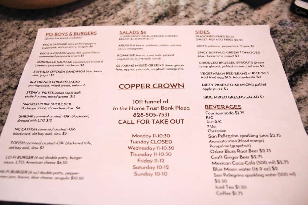 Menu at Copper Crown restaurant, Asheville, Tunnel Rd #100