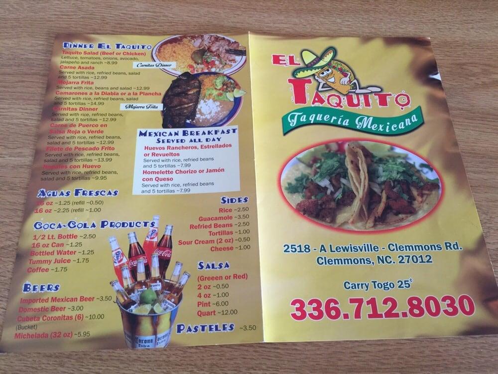 Menu at El Taquito restaurant, Clemmons