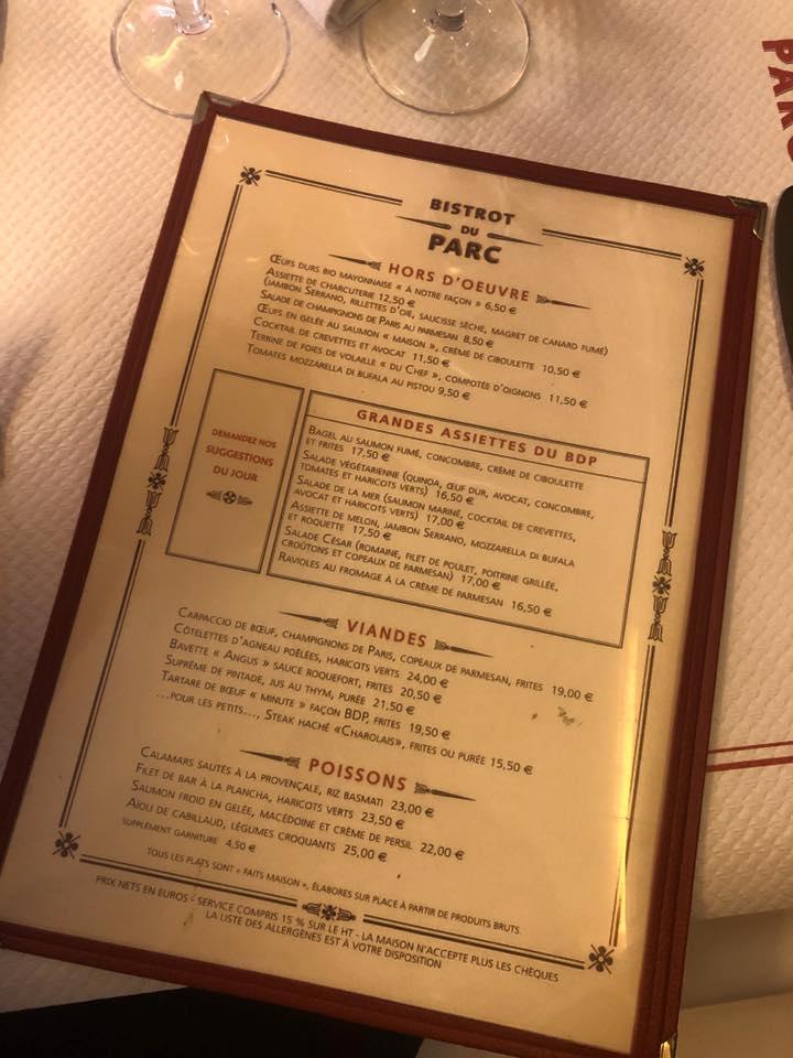 Menu at Le Bistrot Du Parc restaurant, Neuilly-sur-Seine, 15 Bd Jean Mermoz