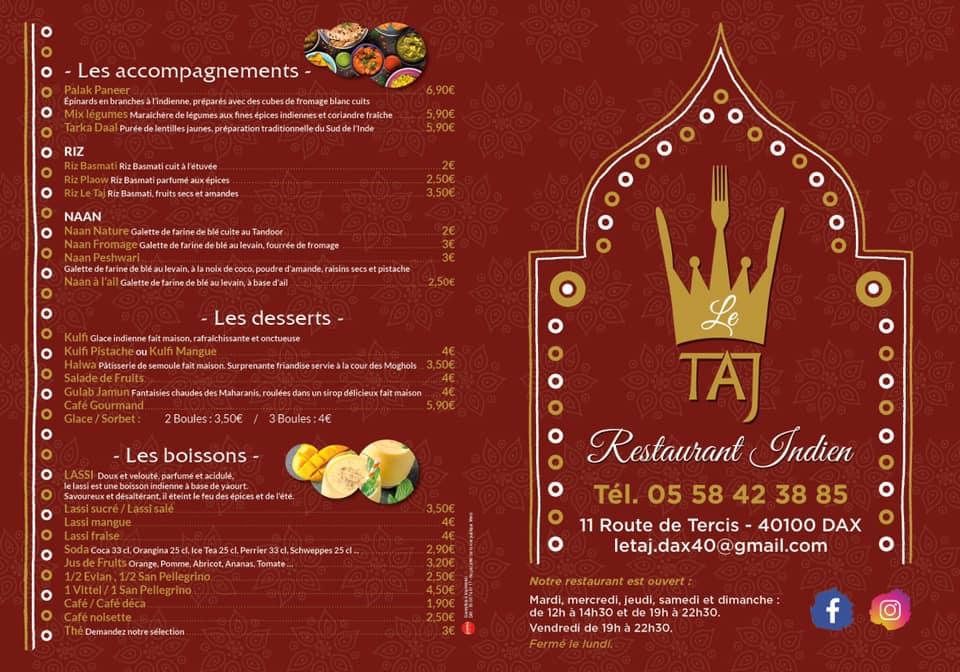 Menu at Le Taj restaurant, Dax