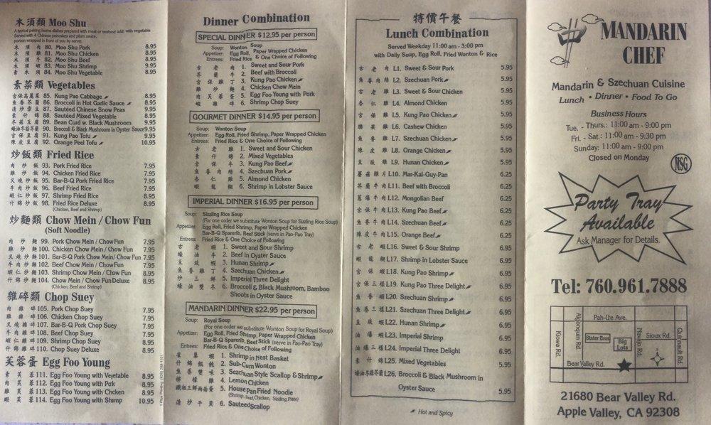 Menu at Mandarin Chef restaurant, Apple Valley