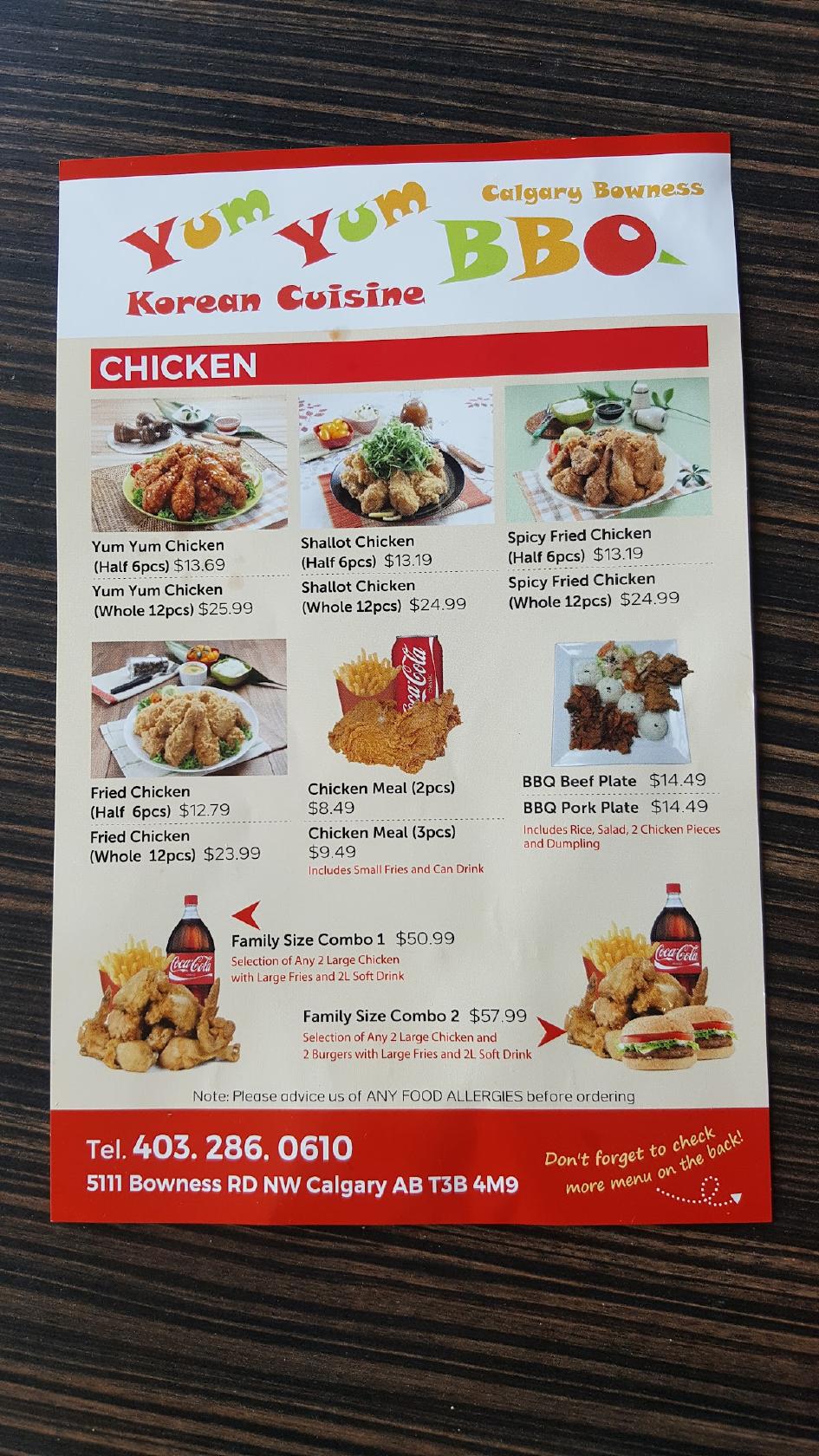 Menu at Yum Yum BBQ & Chicken In Bowness, Calgary, Bowness Rd NW