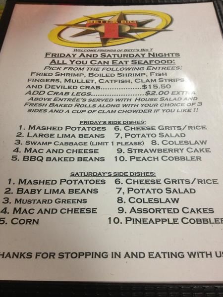 Menu at Bett's Big T Restaurant, Chiefland