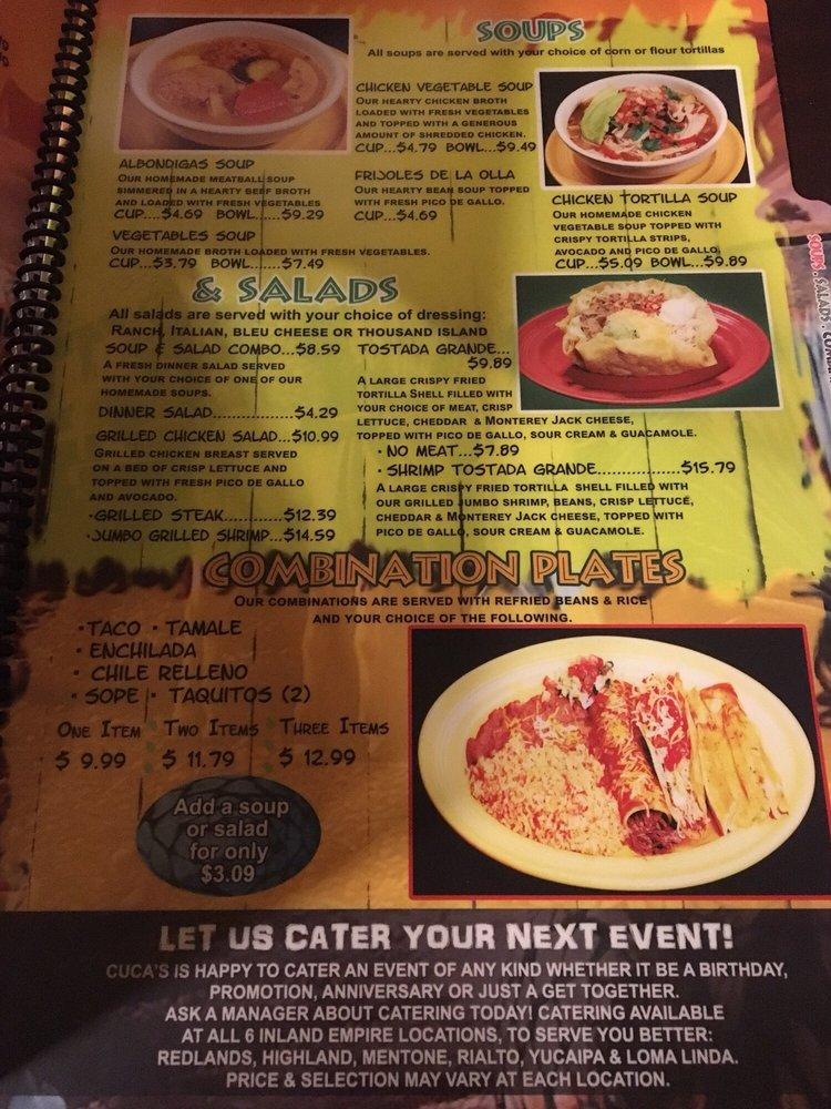 Menu at Cuca's Mexican Food restaurant, Rialto