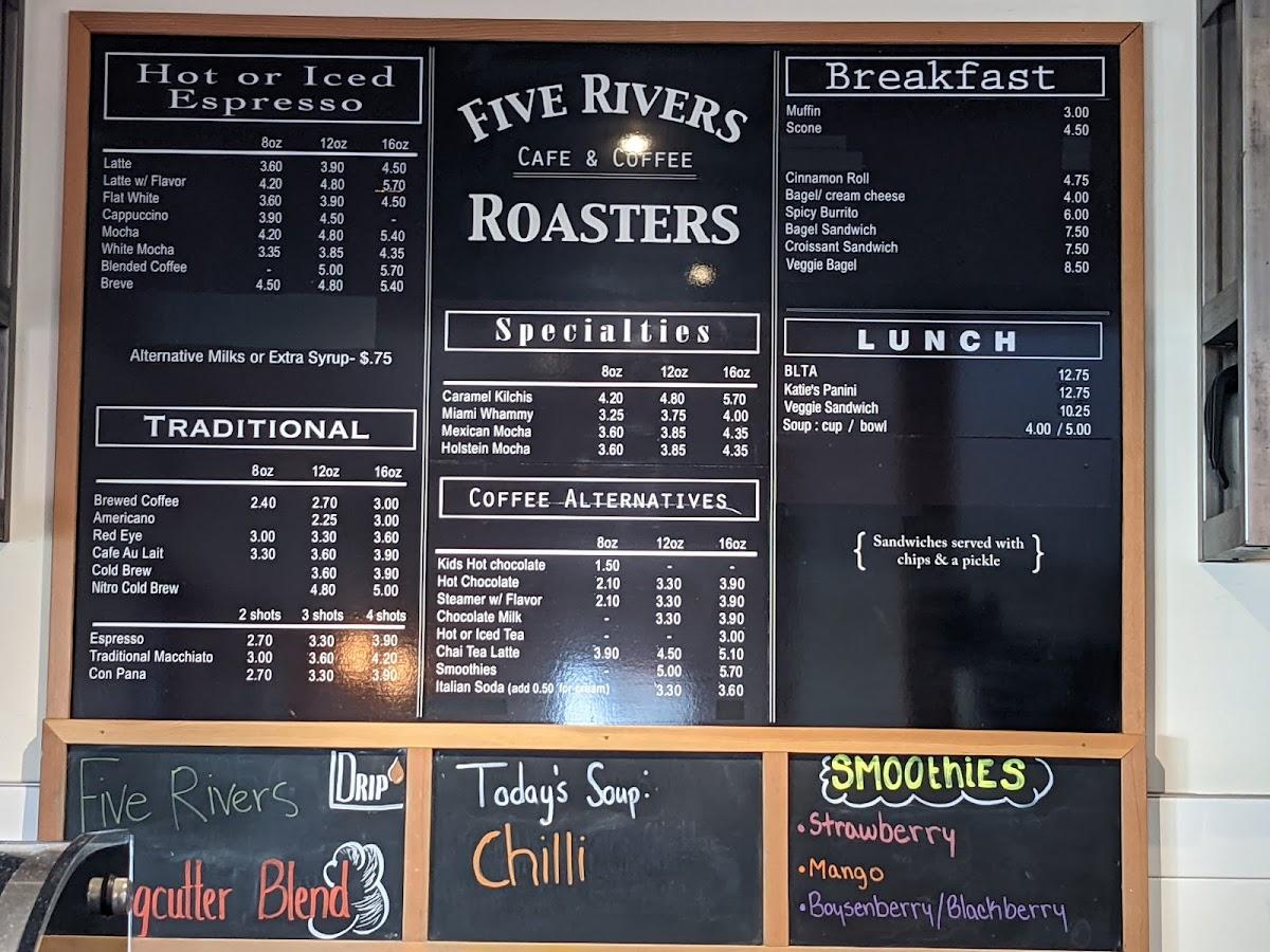 Menu at Five Rivers Coffee Roasters cafe, Tillamook