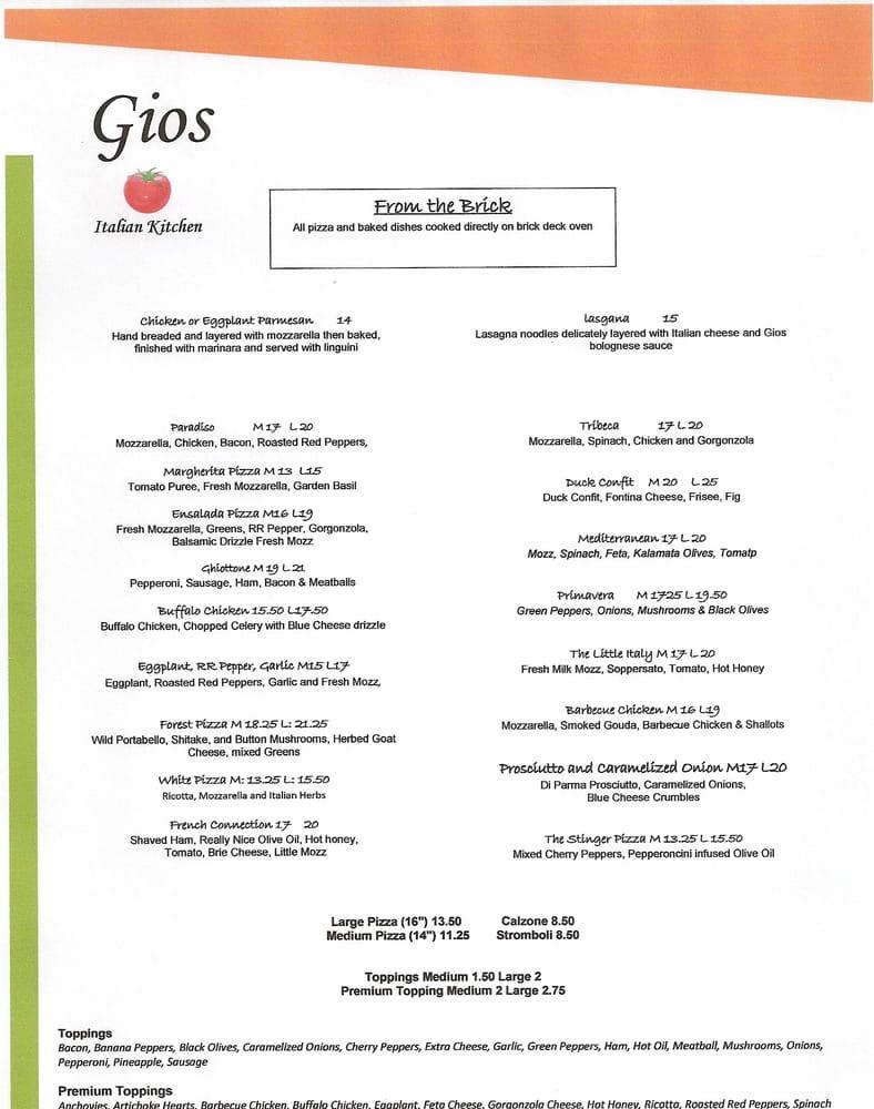 Menu at Gios Italian Kitchen Pawleys Island restaurant, Pawleys Island