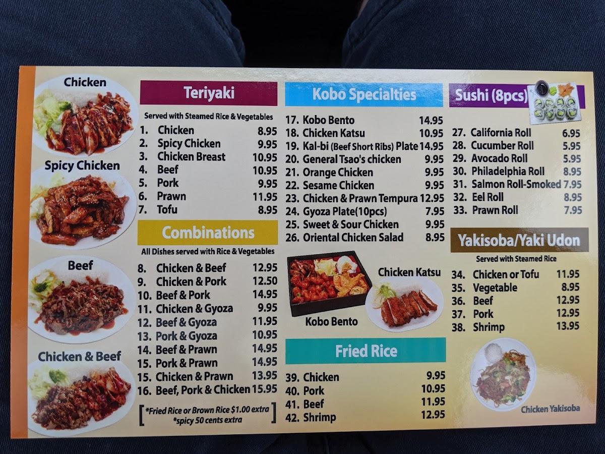 Menu at Kobo Teriyaki restaurant, Chehalis