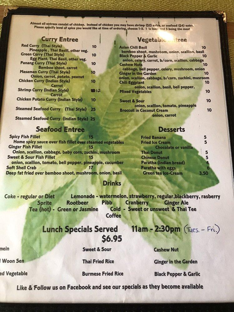 Menu at Mint Thai Cuisine restaurant, Punta Gorda