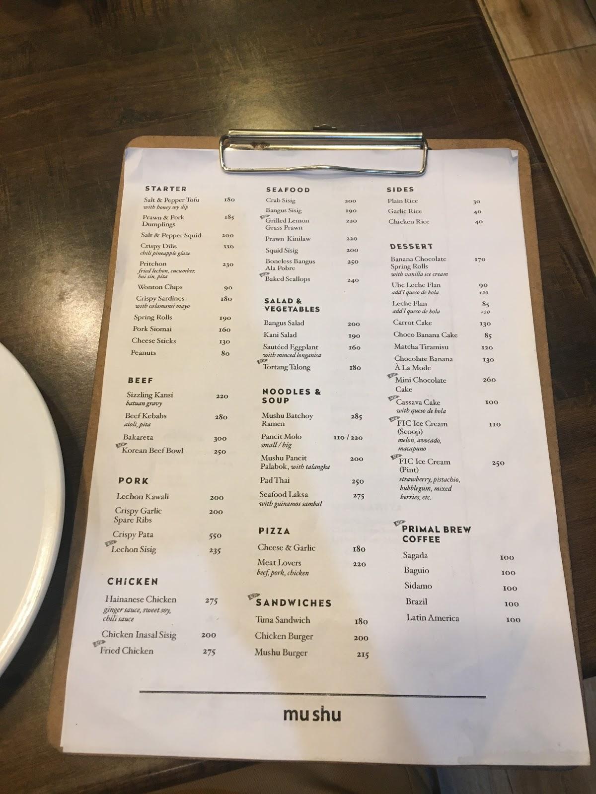 Menu at MuShu restaurant, Bacolod, 2Oth