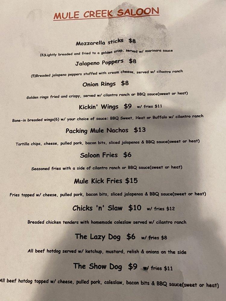 Menu at Mule Creek Saloon pub & bar, Surprise
