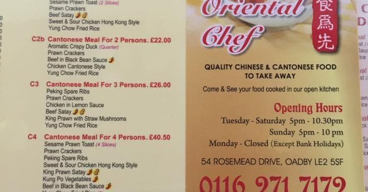 Menu at Oriental Chef restaurant, Leicester, 54 Rosemead Dr
